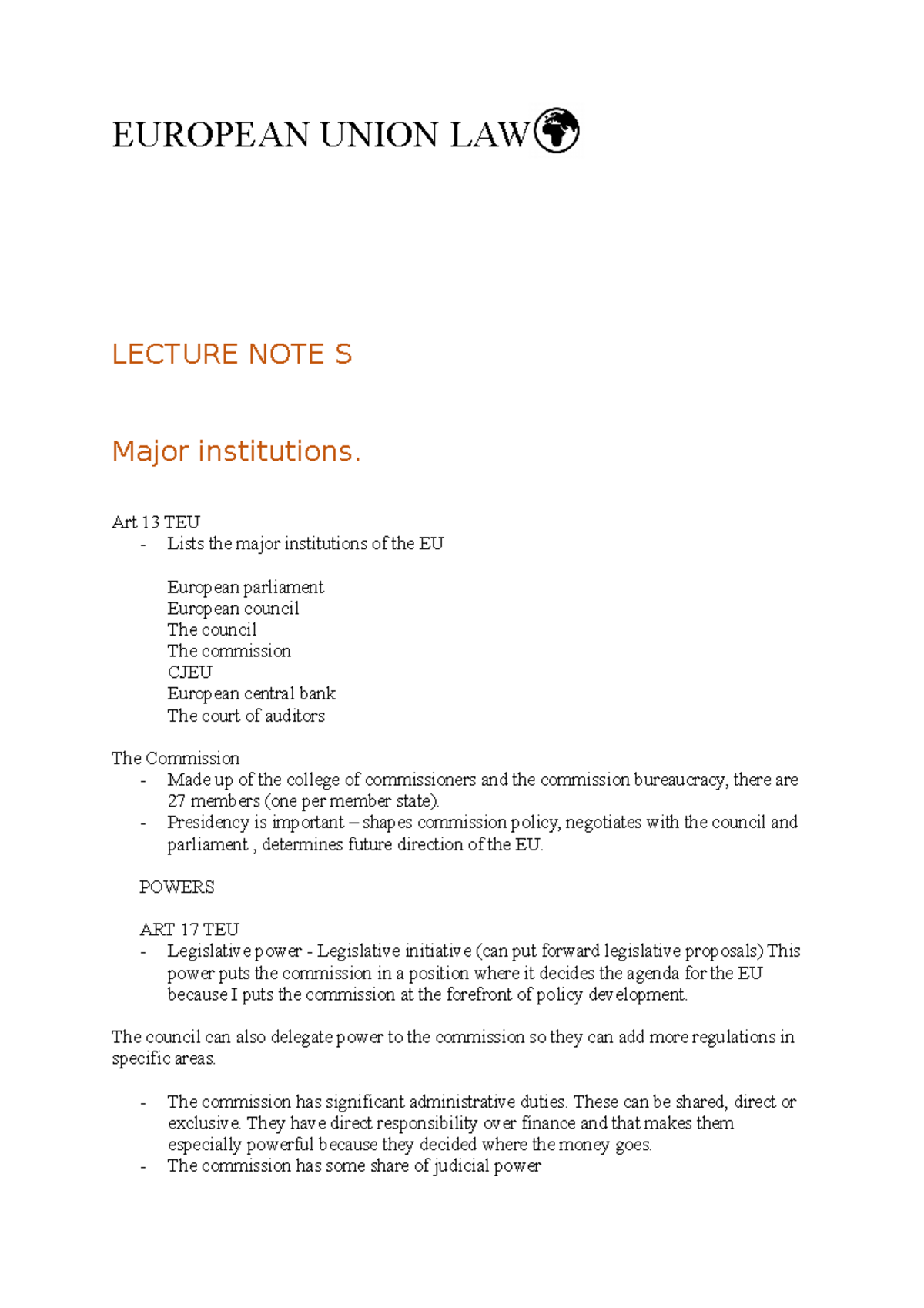 European Union LAW - Some lectures are missing but otherwise good ...