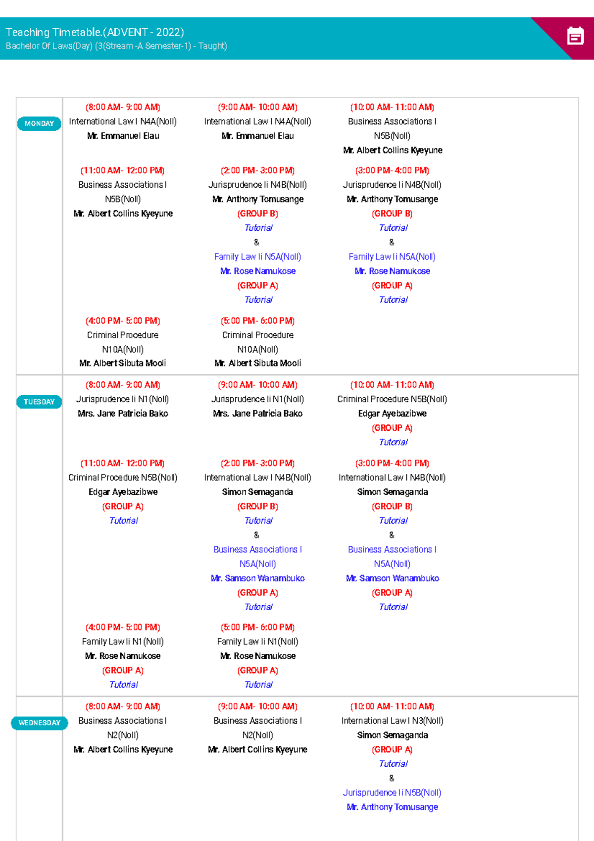 LLB 3- Stream A - Ghh - Teaching Timetable.(ADVENT - 2022) Bachelor Of ...
