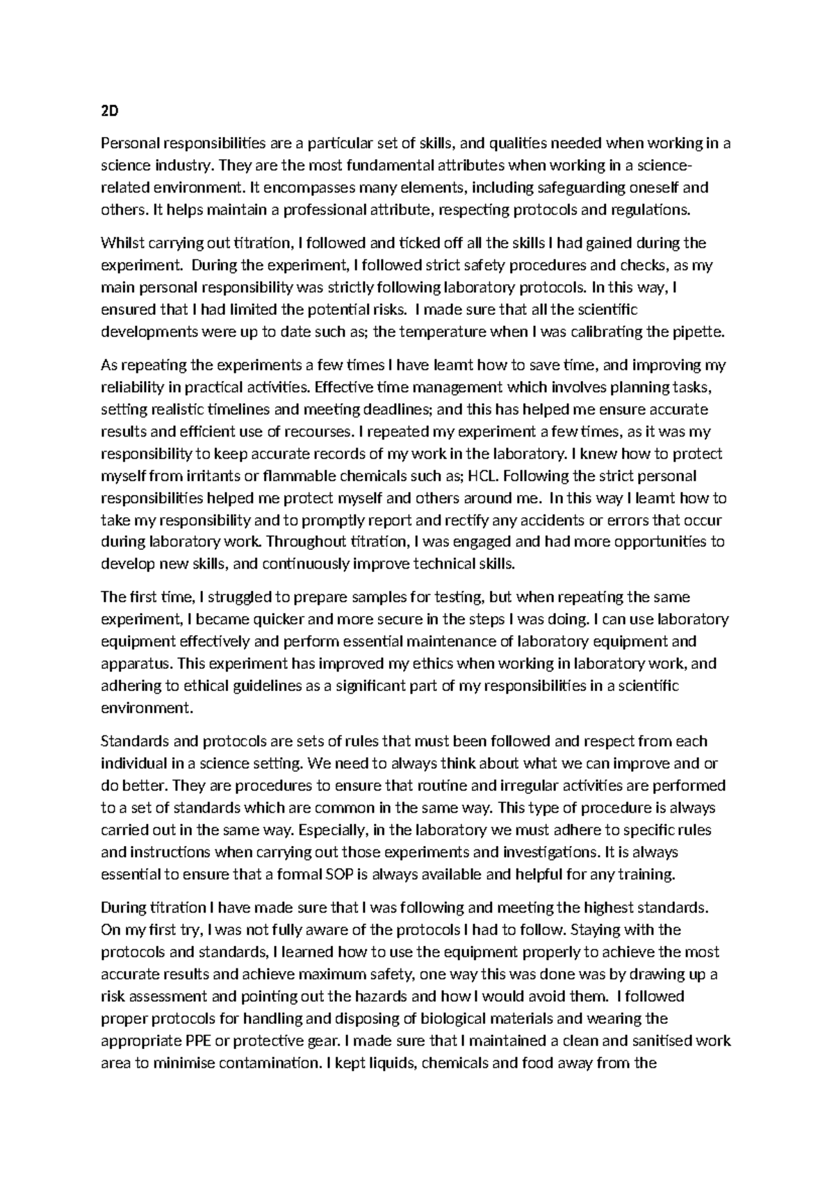 UNIT 2D - unit 2D - 2D Personal responsibilities are a particular set ...