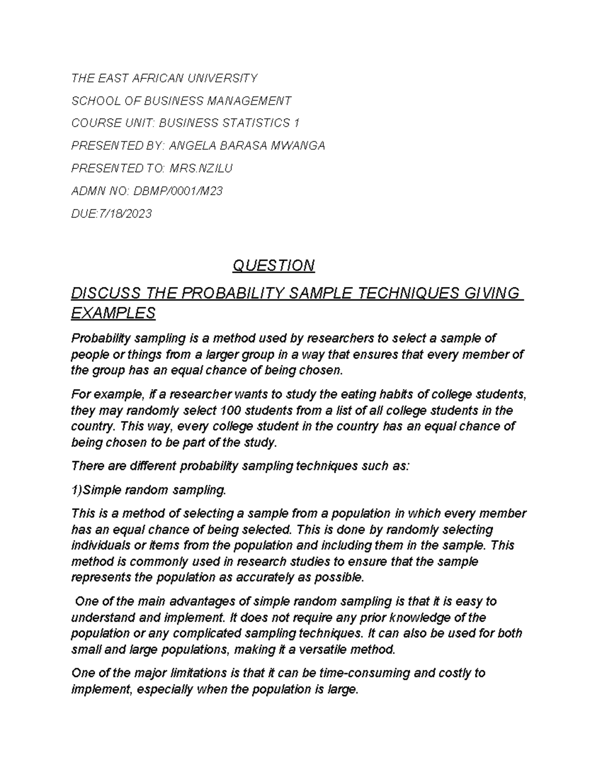 BS Statistics Asssignment 1 - THE EAST AFRICAN UNIVERSITY SCHOOL OF ...