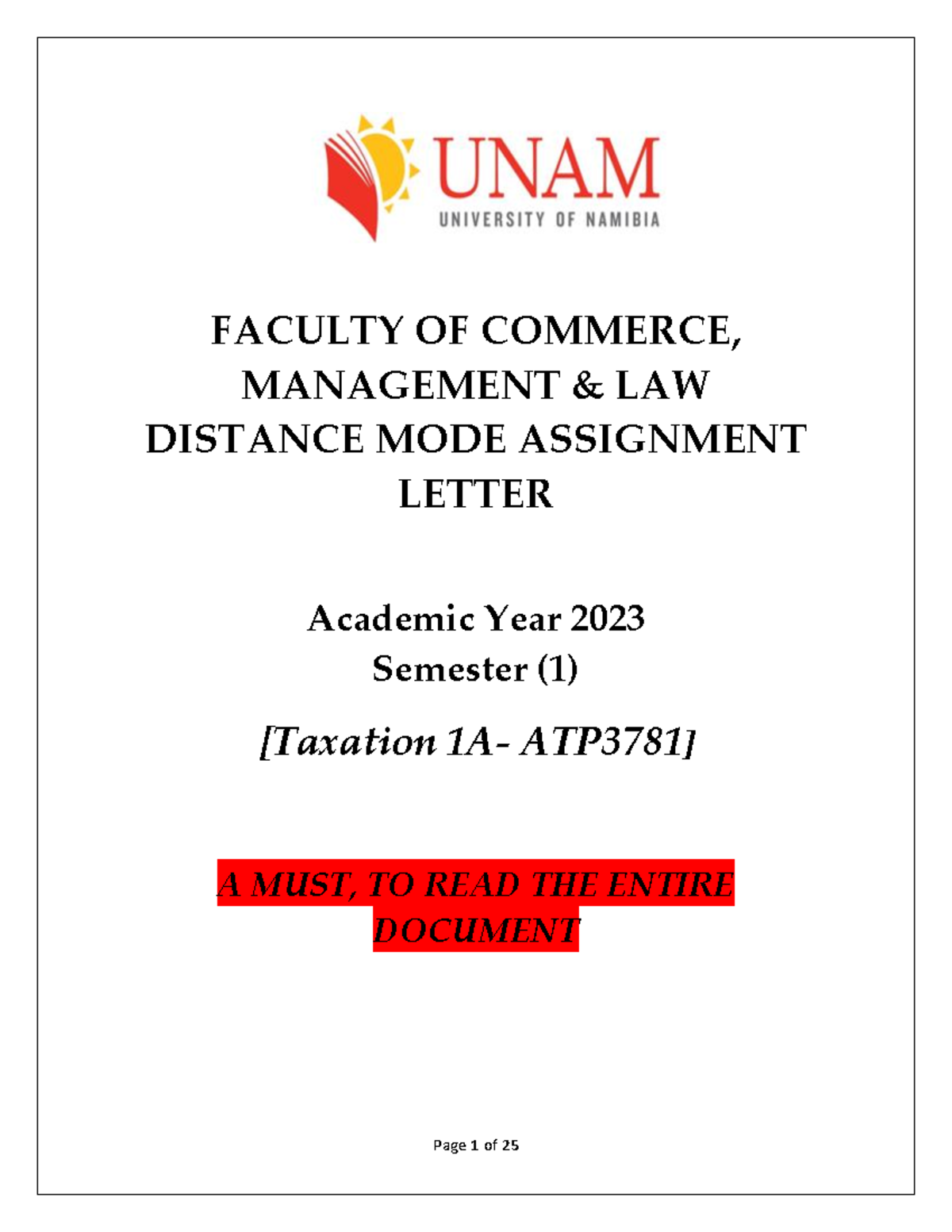 Assignment 1 and 2 Taxation 1A 2023 - Page 1 of 25 FACULTY OF COMMERCE ...