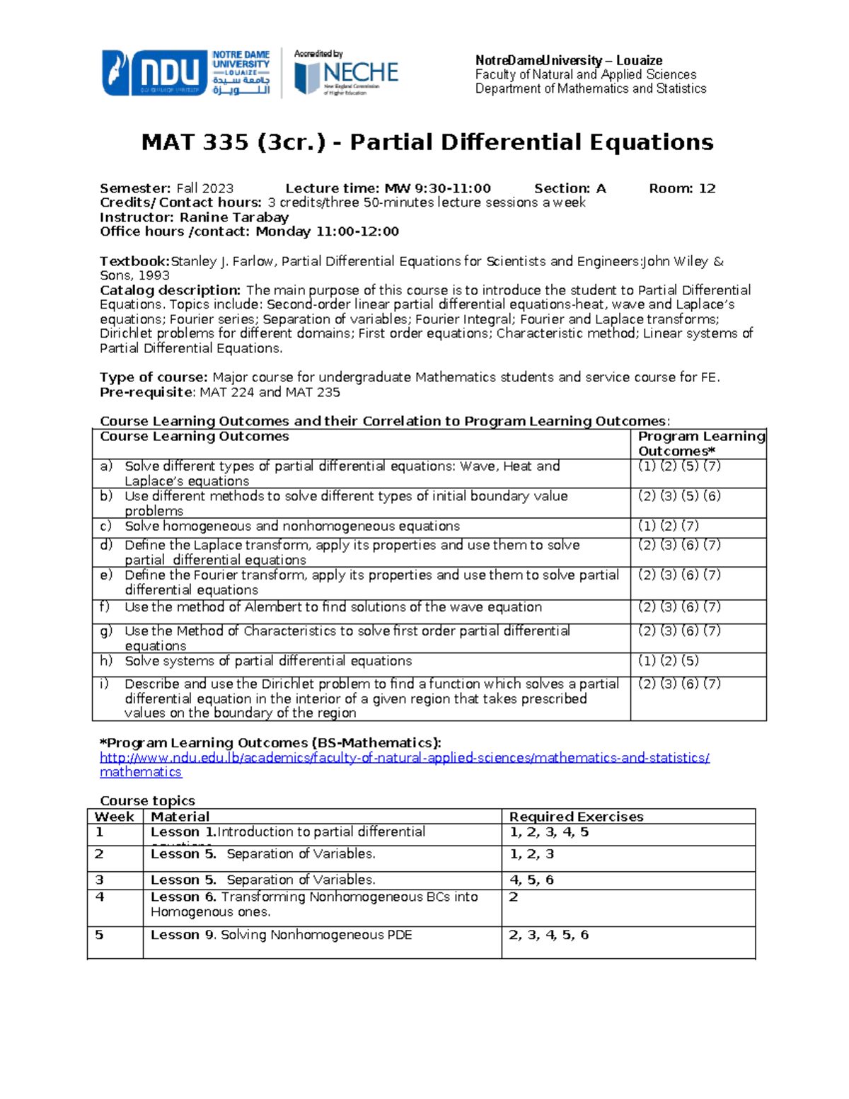 MAT 335 Syllabus Fall 2023 - MAT 335 (3cr.) - Partial Differential ...