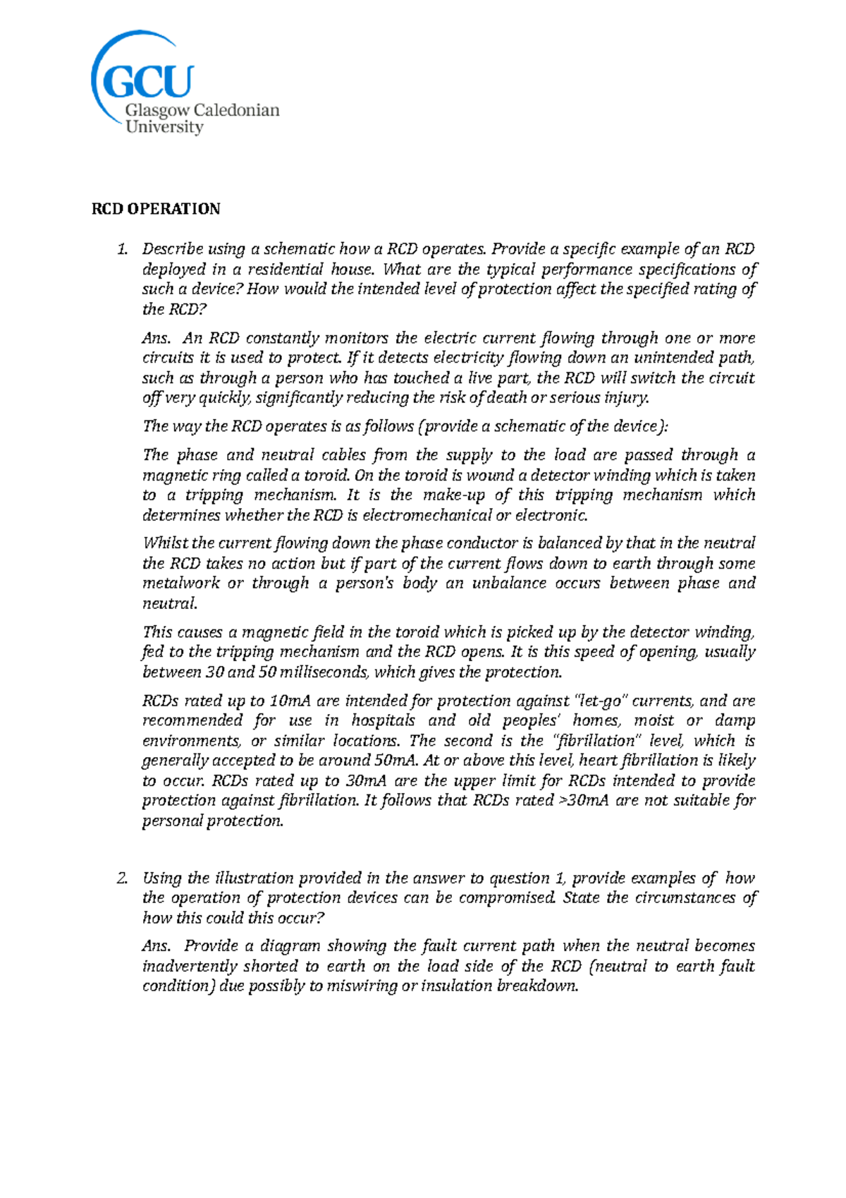 Short Questions - RCD Operation - Answers - RCD OPERATION 1. Describe ...