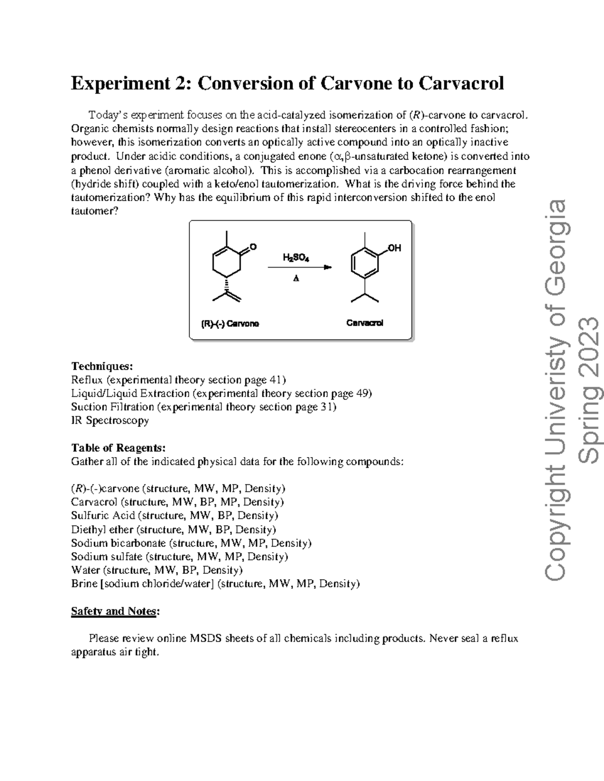 CHEM 2212L Experiment 2 - Conversion of Carvone to Carvacrol Lab ...