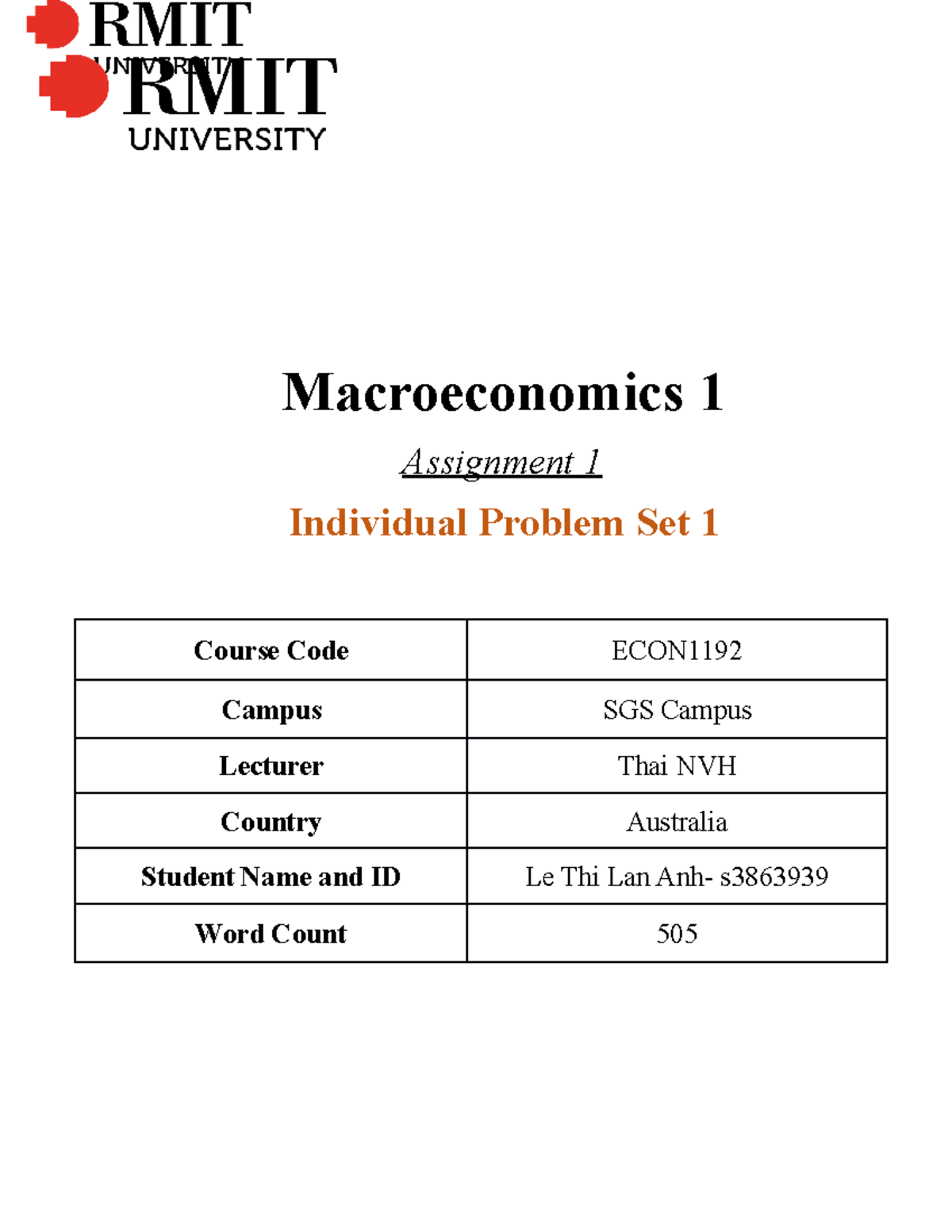 Asm1 Macro Lan Anh s3863939 - Macroeconomics 1 Assignment 1 Individual Problem Set 1 Course Code ...