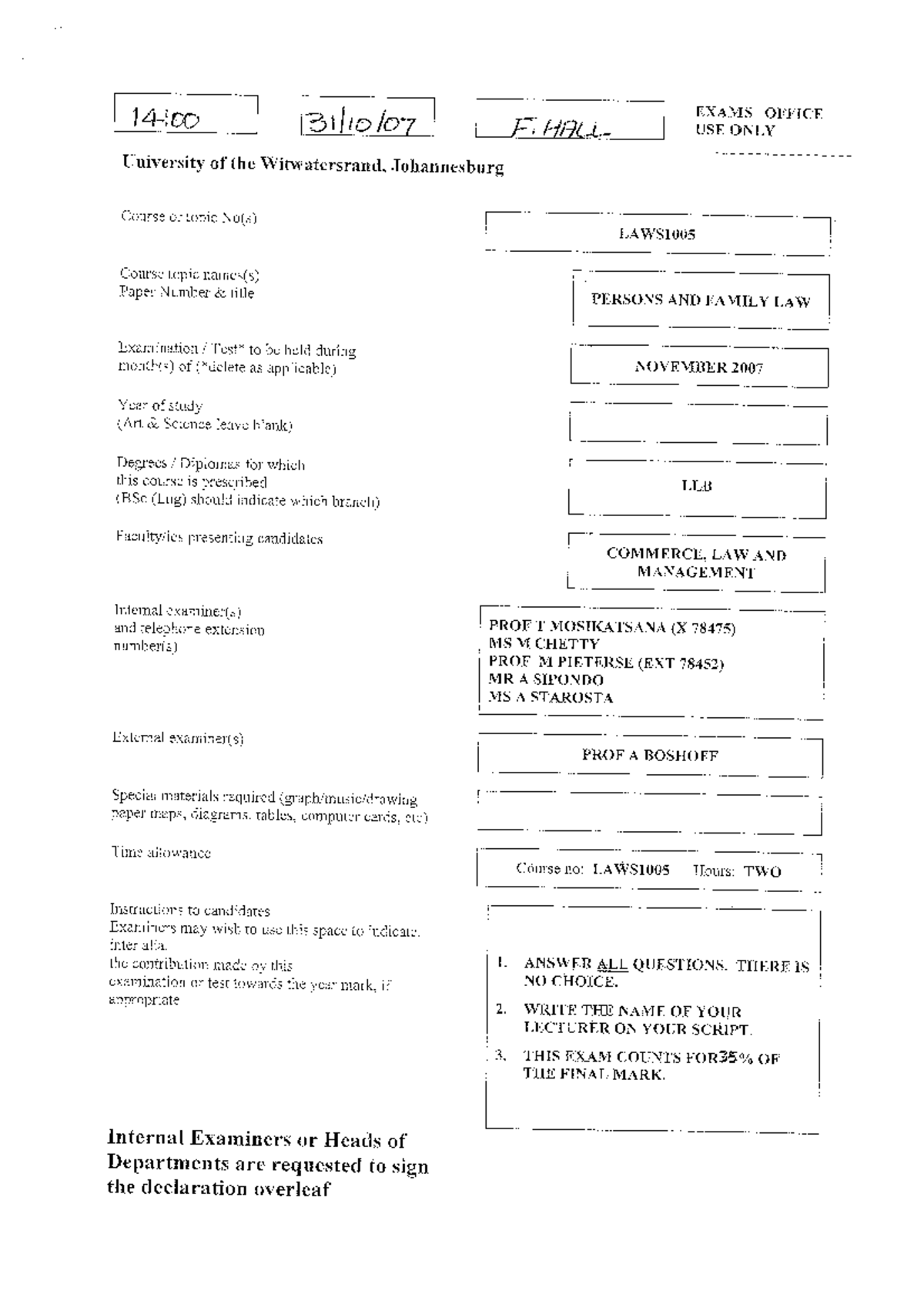 LAWS1005 - This is practice paper for law of persons - Studocu