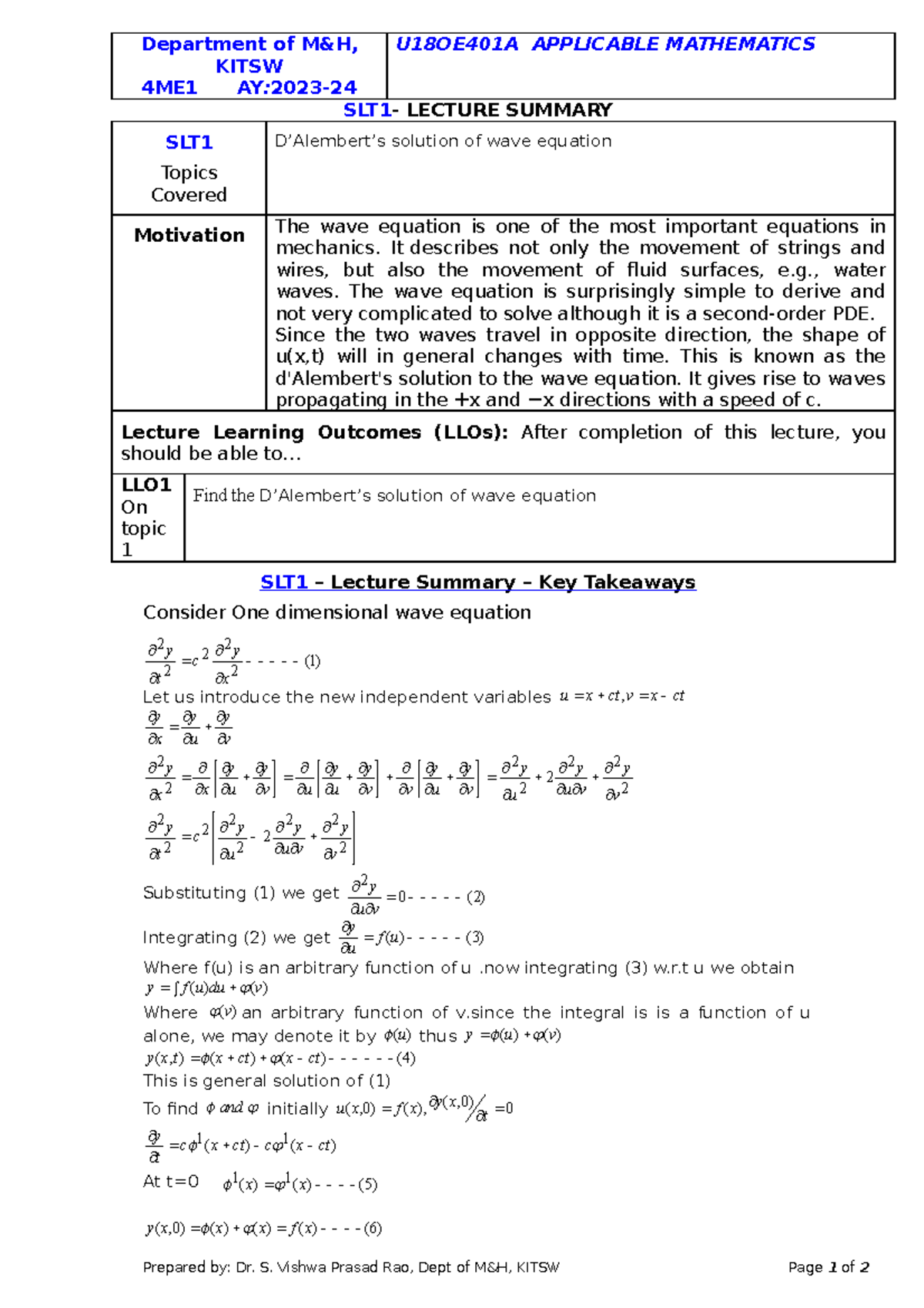 SLT1 Unit 1 D’Alembert’ssolutionofwaveequation - Department of M&H ...
