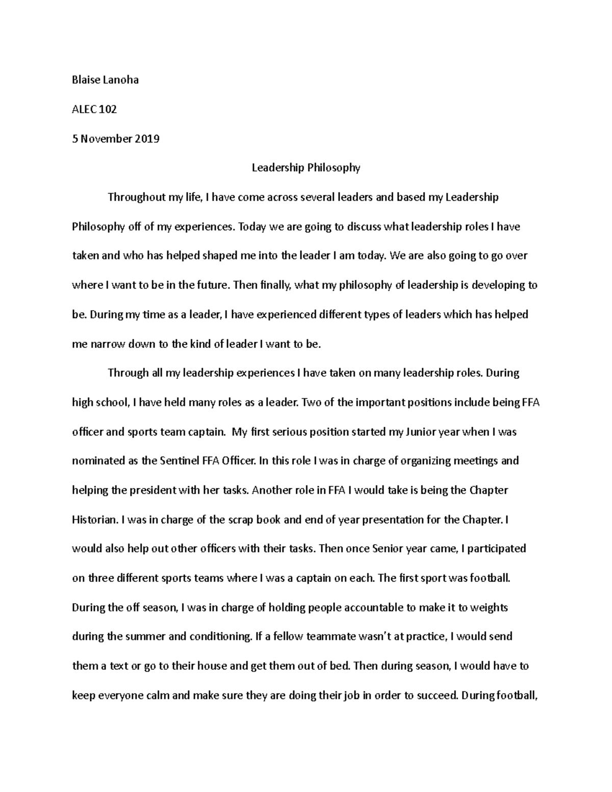 Leadership Philosophy paper - Blaise Lanoha ALEC 102 5 November 2019 ...