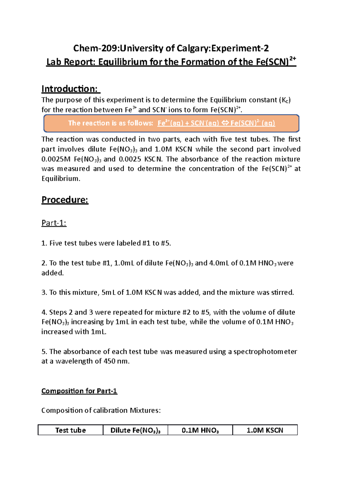 Chem-209 Lab report-2 - Lab Report: Equilibrium for the Formation of ...