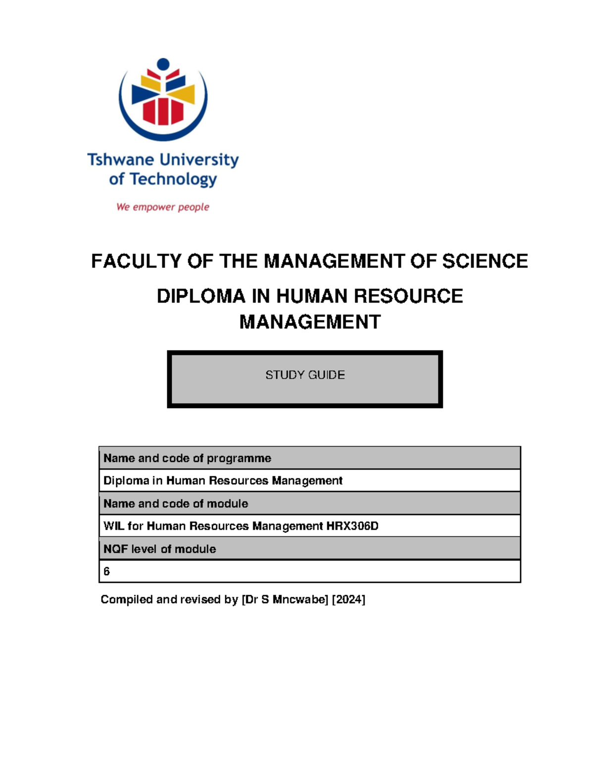 WIL in HRM Study Guide 2024 - FACULTY OF THE MANAGEMENT OF SCIENCE ...