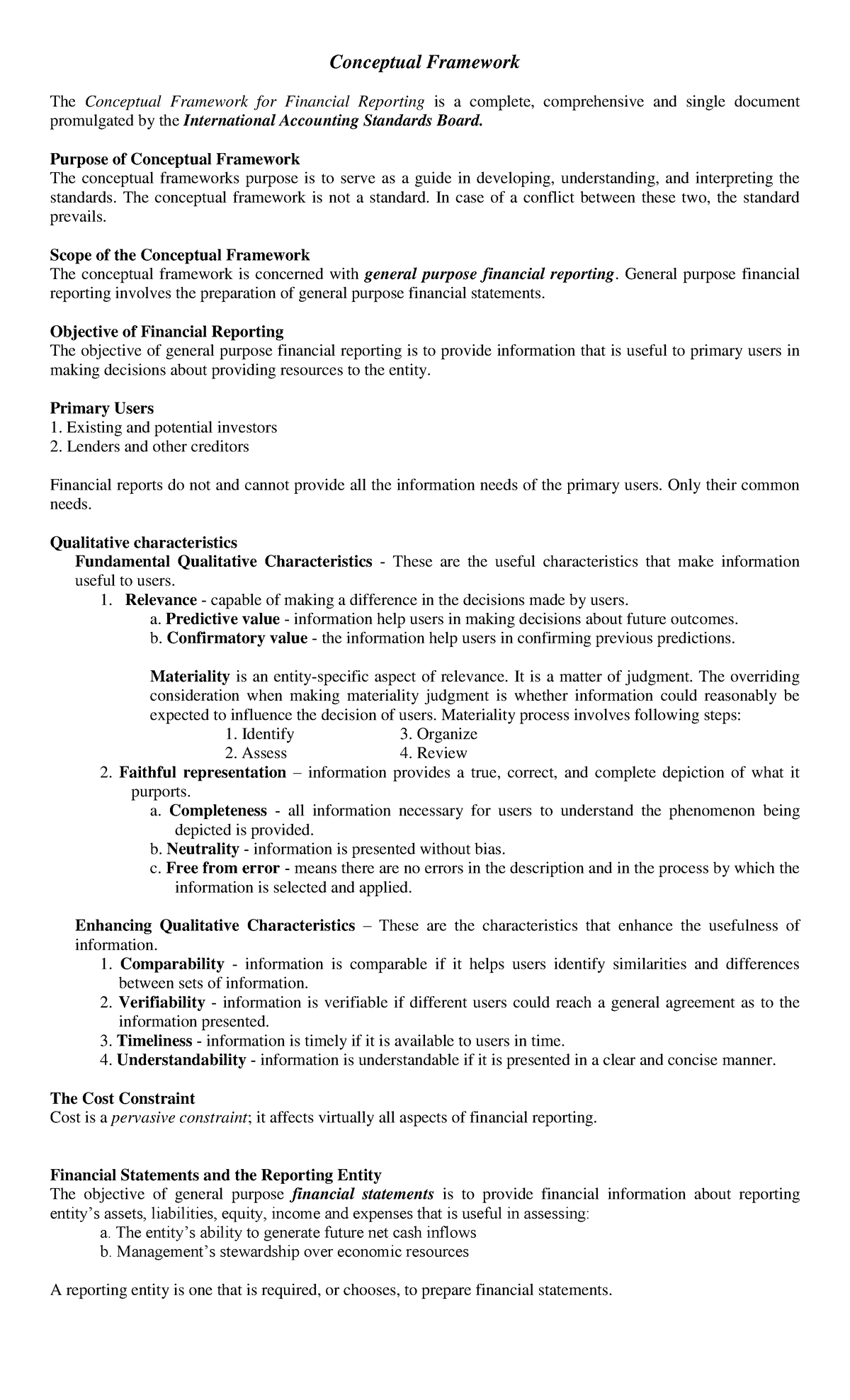 Summary of Accounting Standards from CFAS book - Conceptual Framework The Conceptual Framework ...