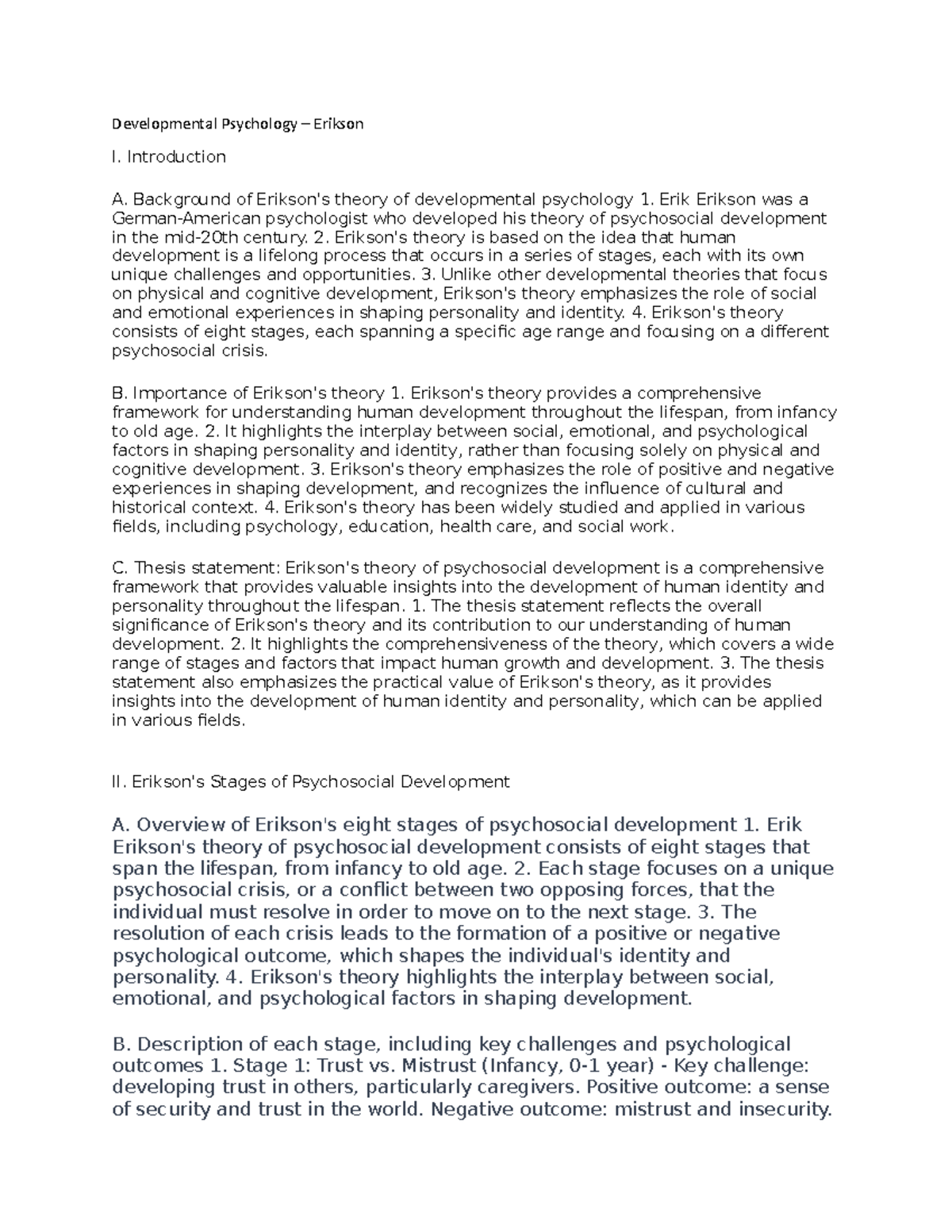 Developmental Psychology - Erikson - Introduction A. Background of ...