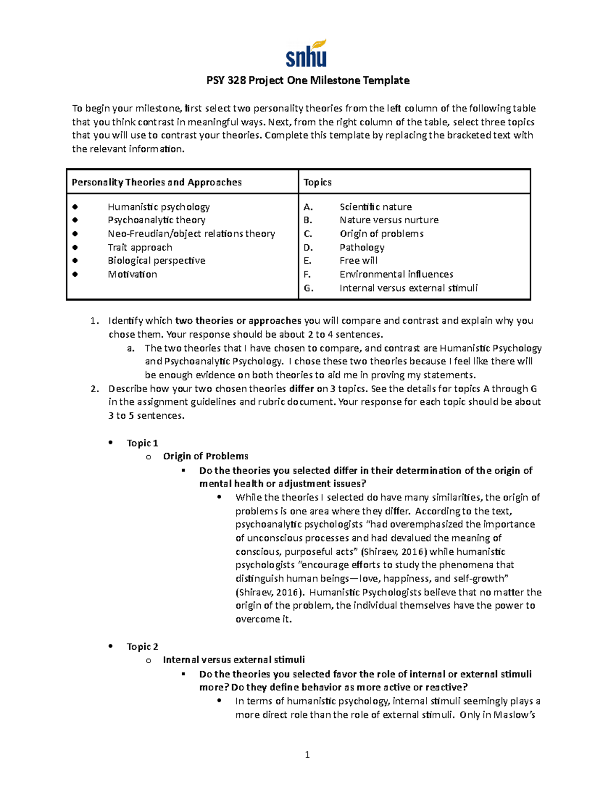 PSY 328 Project One Milestone Template - Next, from the right column of ...