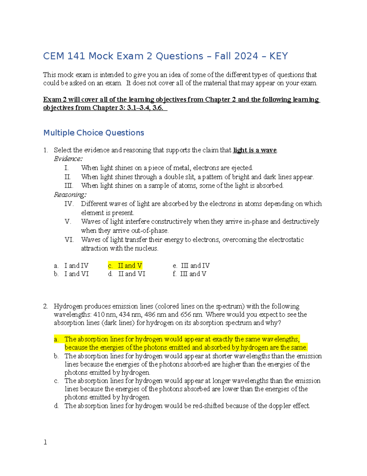 141 Mock Exam 2 key - EXAM 2 MOCK key - CEM 141 Mock Exam 2 Questions ...