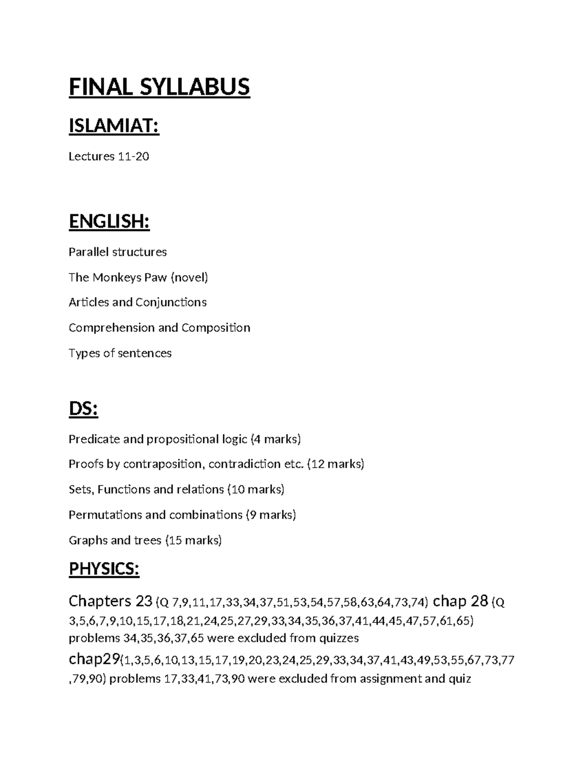 Final Syllabus - syallabus - FINAL SYLLABUS ISLAMIAT: Lectures 11 ...