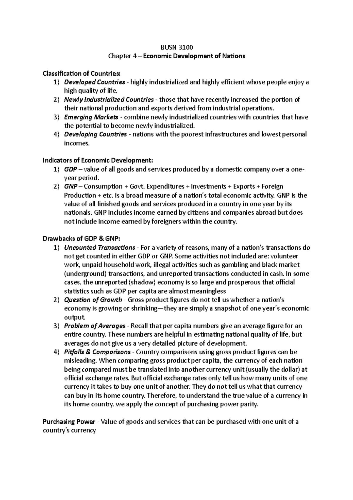BUSN 3100 - Chapter 4 Lecture Notes - BUSN 3100 Chapter 4 – Economic ...
