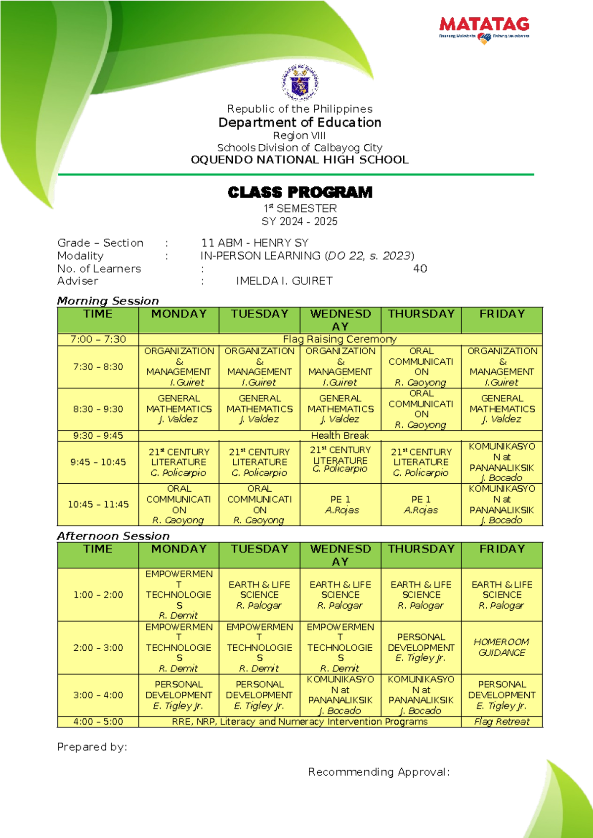 Class Program 2024 2025 ABM Henry SY - Republic of the Philippines ...