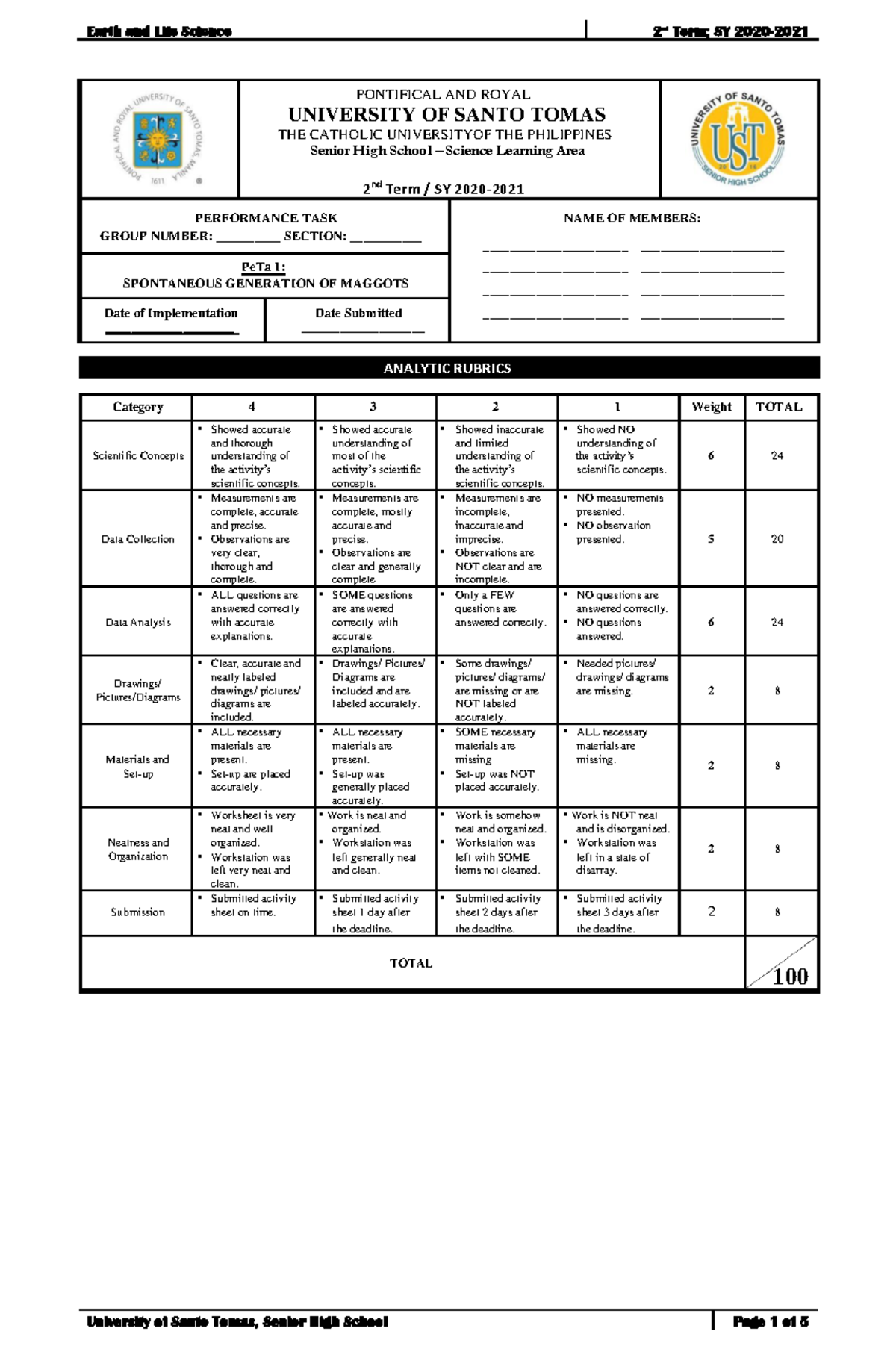 3rd Quarter PETA Spontaneous Generation of Maggots - PONTIFICAL AND ROYAL UNIVERSITY OF SANTO ...