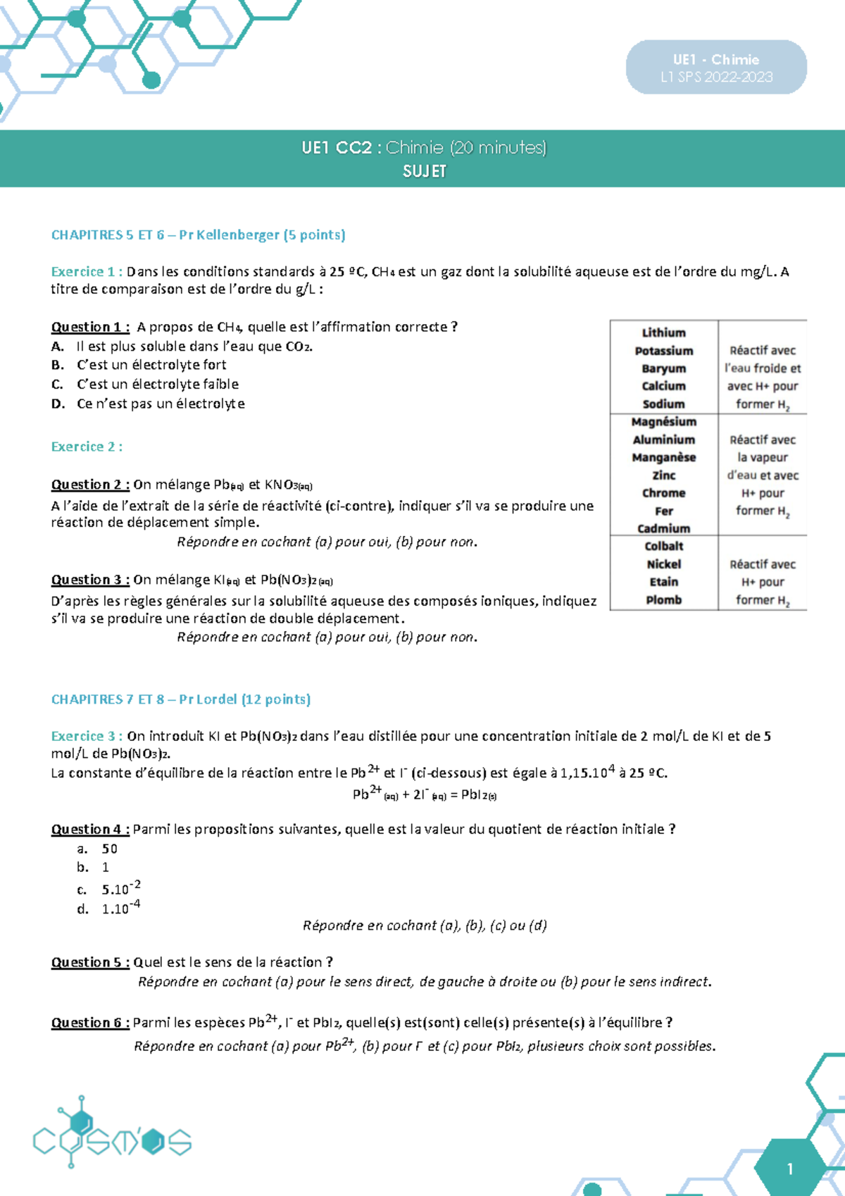 CC2- Enonce - von,; - UE2 - Biochimie L1 SPS 2022- 1 UE2 - Biochimie L1 ...