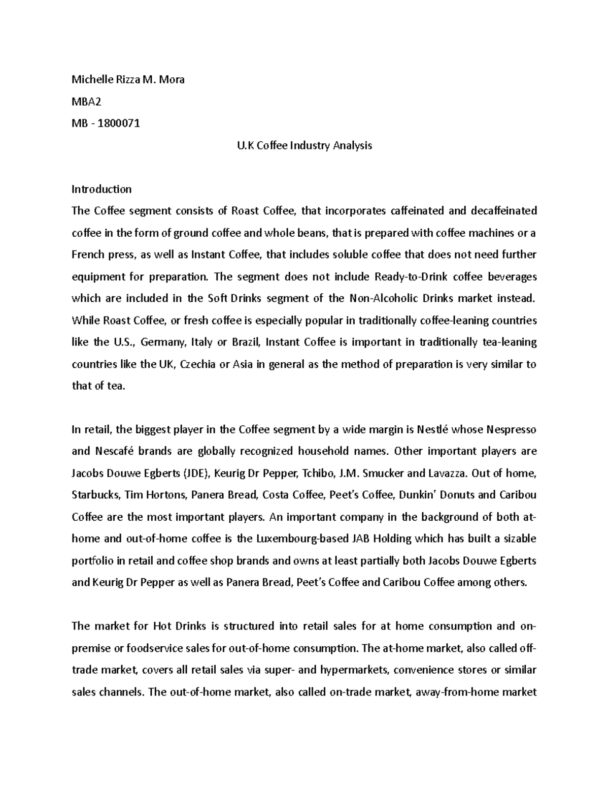Coffee industry analysis - Michelle Rizza M. Mora MBA MB - 1800071 U ...