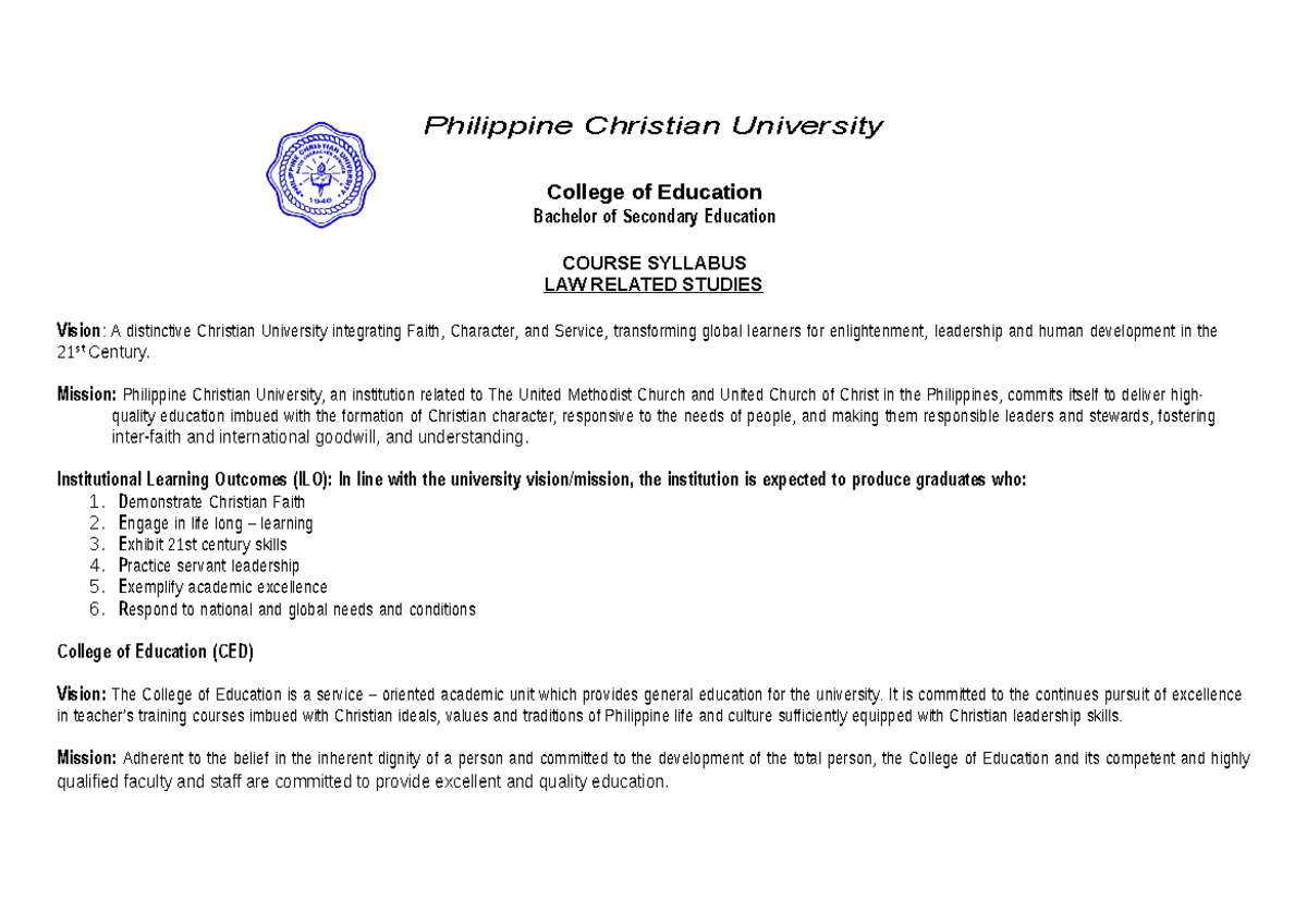 Syllabus-2022-2023-Law Related Studies - Philippine Christian ...