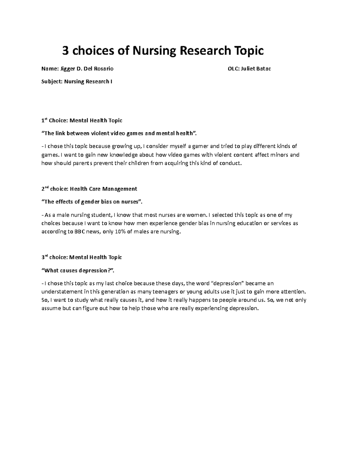 Nursing Research Topics- Jigger Del Rosario - 3 choices of Nursing ...