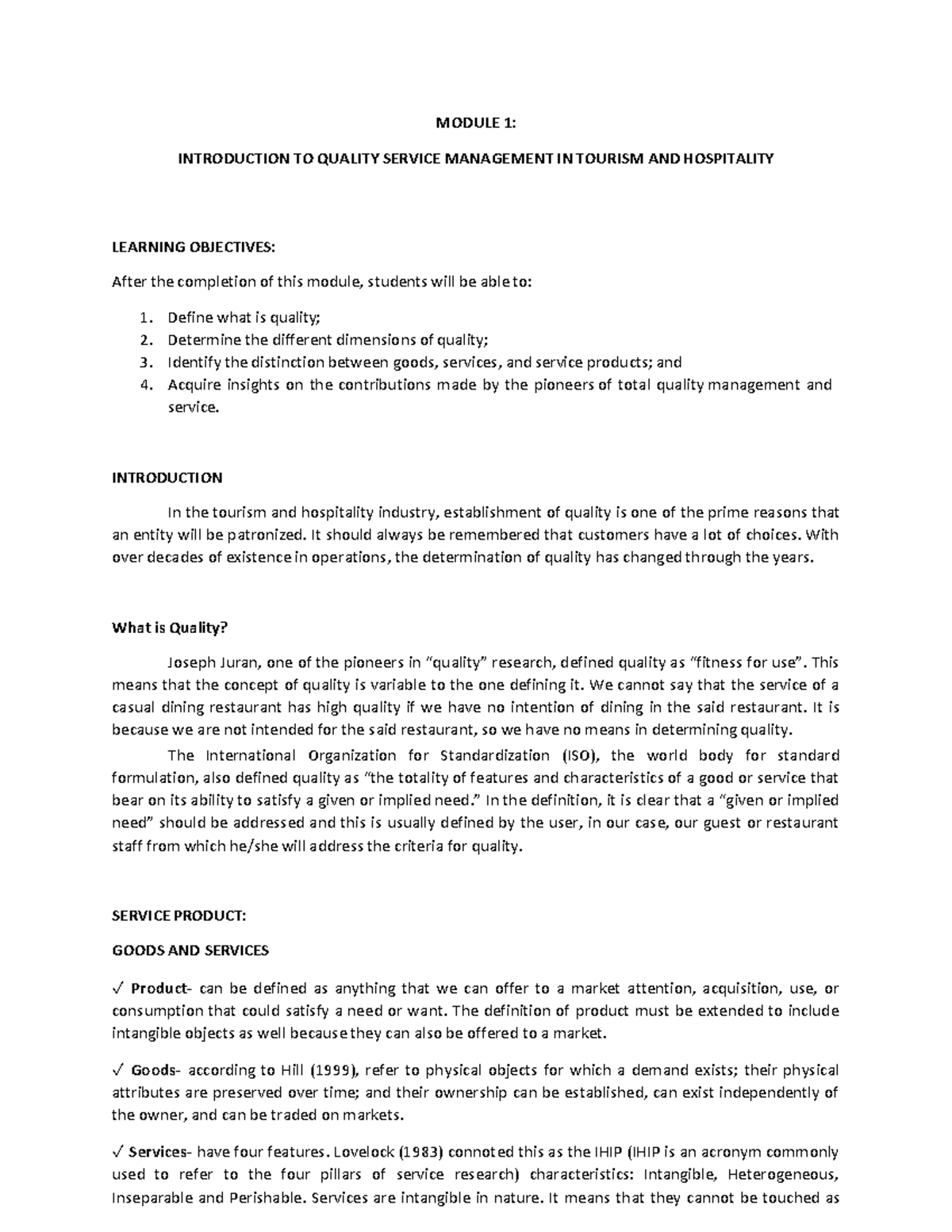 Module 1 Introduction to Quality Service Management - MODULE 1: INTRODUCTION TO QUALITY SERVICE ...