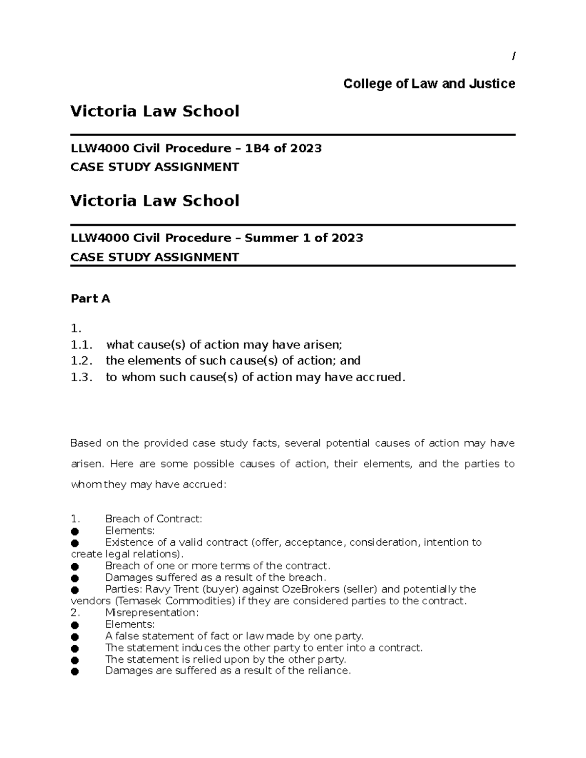 Civil procedure Assigment 1 part A - / College of Law and Justice ...