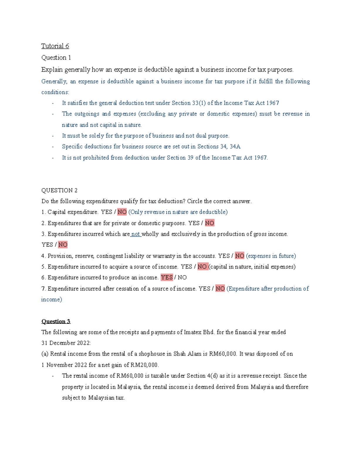 Tutorial 6 - Tutorial 6 Question 1 Explain generally how an expense is deductible against a ...