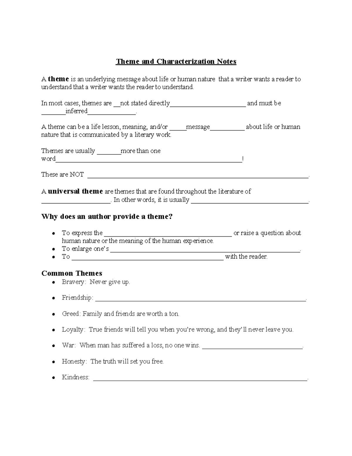 Copy of Theme Graphic Organizer and Notes - Theme and Characterization ...