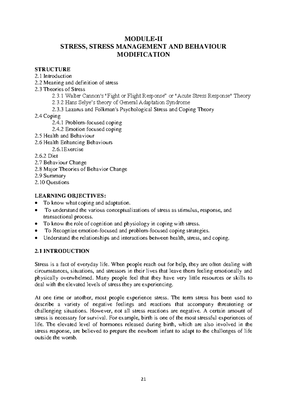STRESS, STRESS MANAGEMENT AND BEHAVIOUR MODIFICATION - MODULE-II STRESS ...