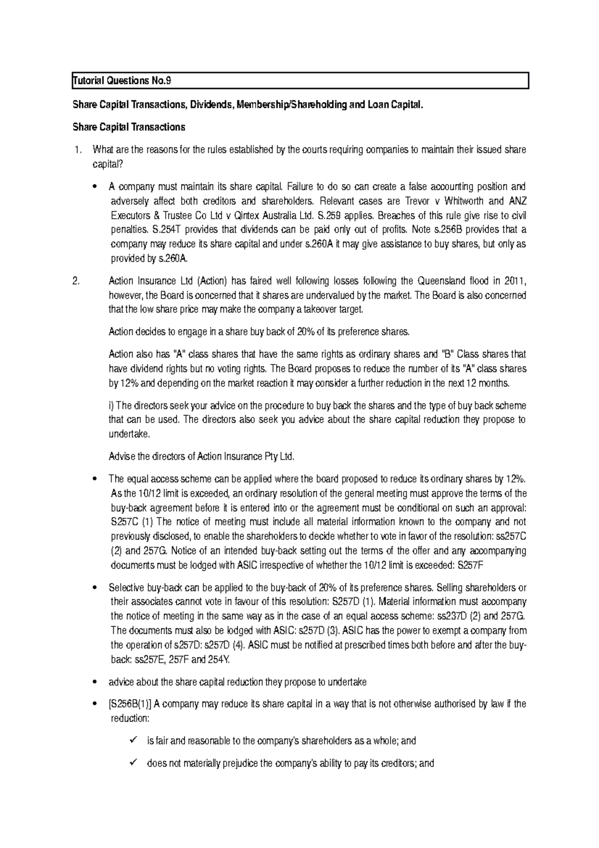Tutorial 9 - Tutorial Questions No. Share Capital Transactions ...