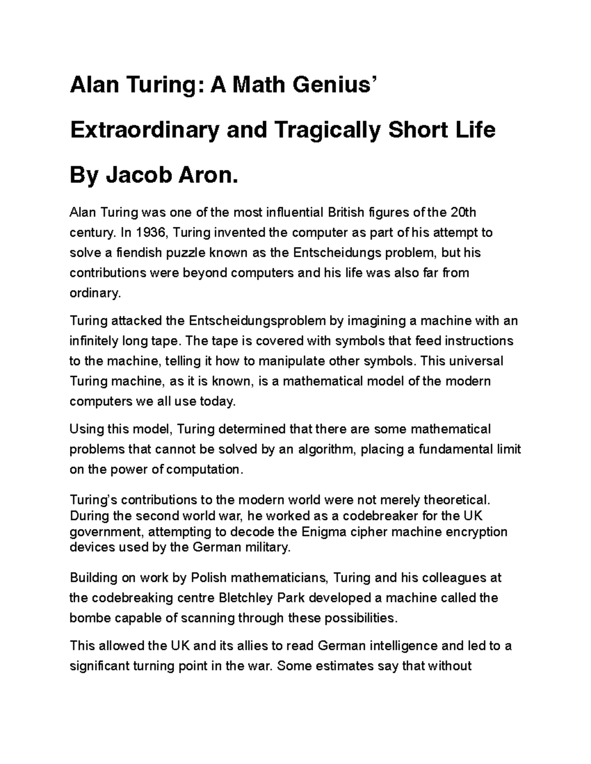 Alan Turing article for summary - Alan Turing: A Math Genius ...