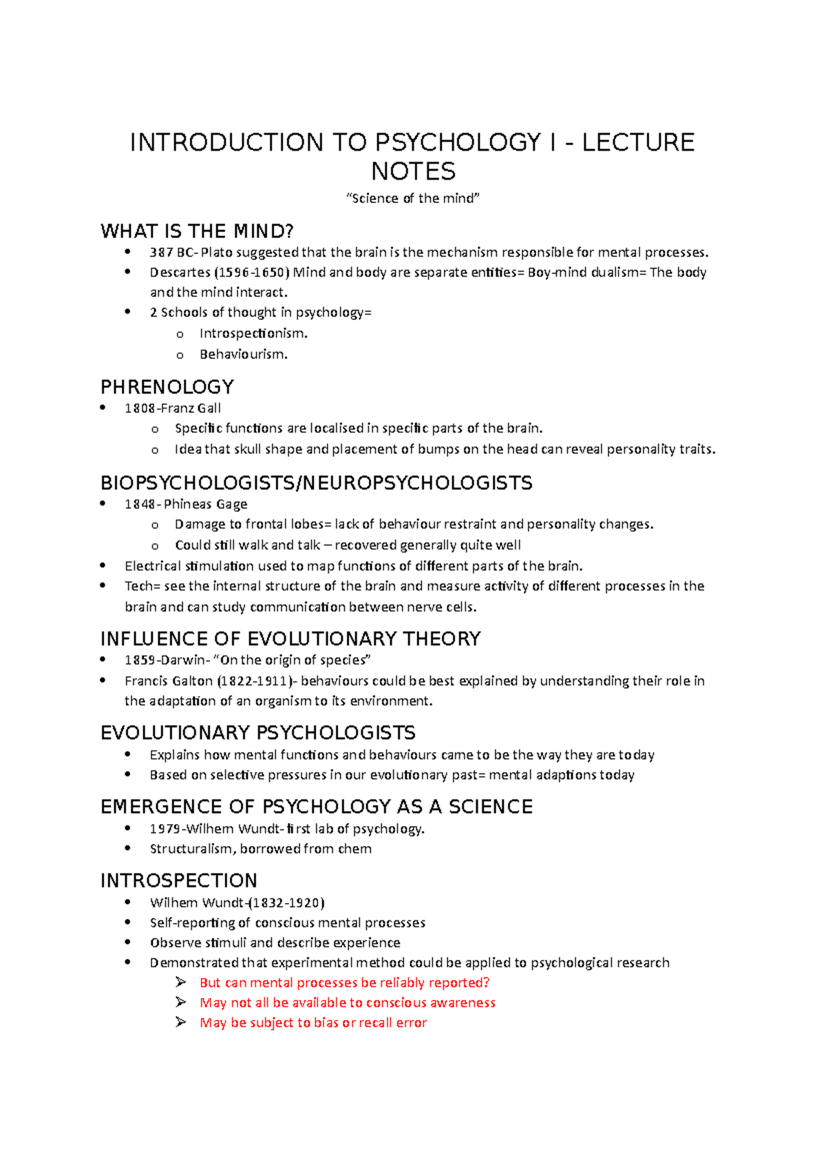 Intro to psychology I- lecture notes- week 1 - INTRODUCTION TO ...