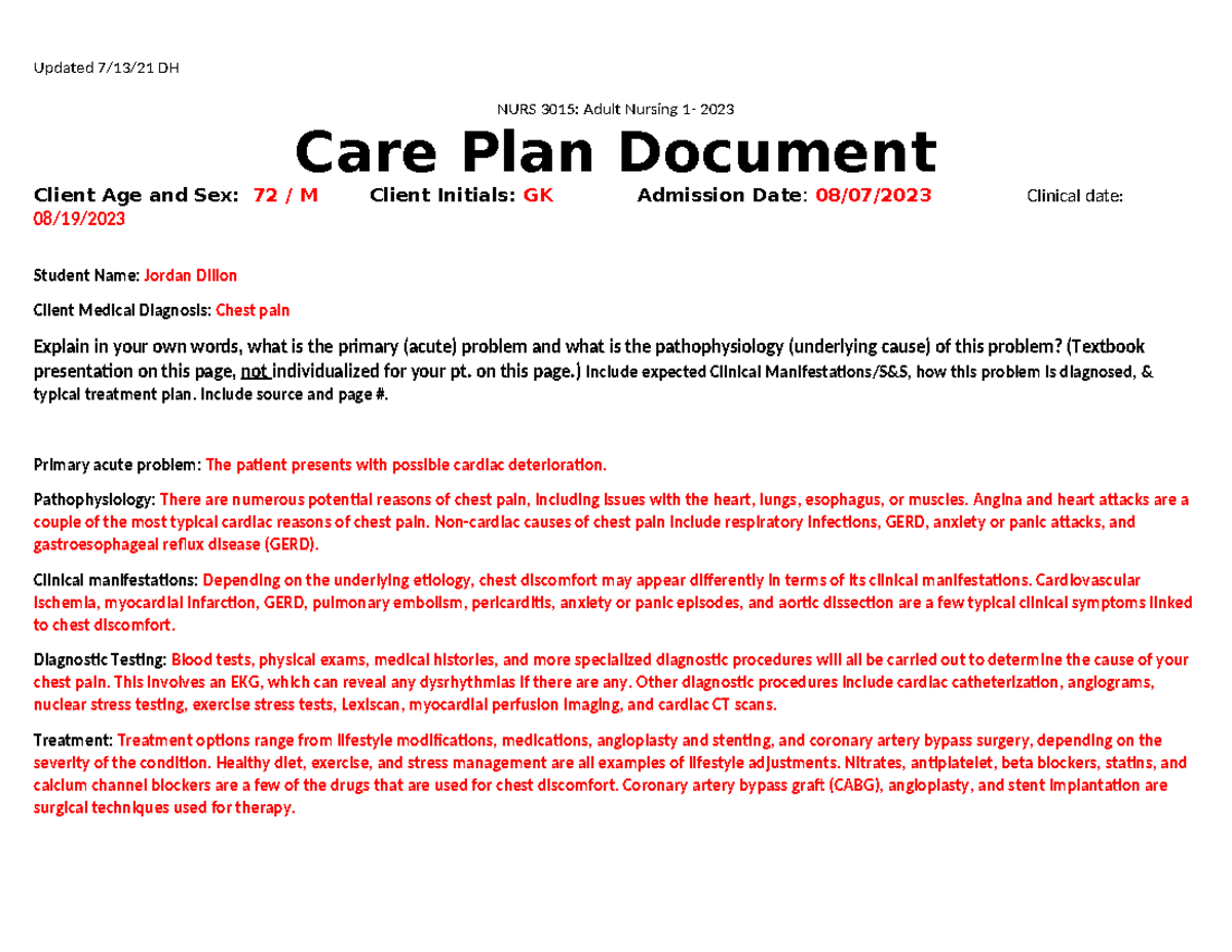 Adult Nursing 1 Care plan - NURS 3015: Adult Nursing 1- 2023 Care Plan ...