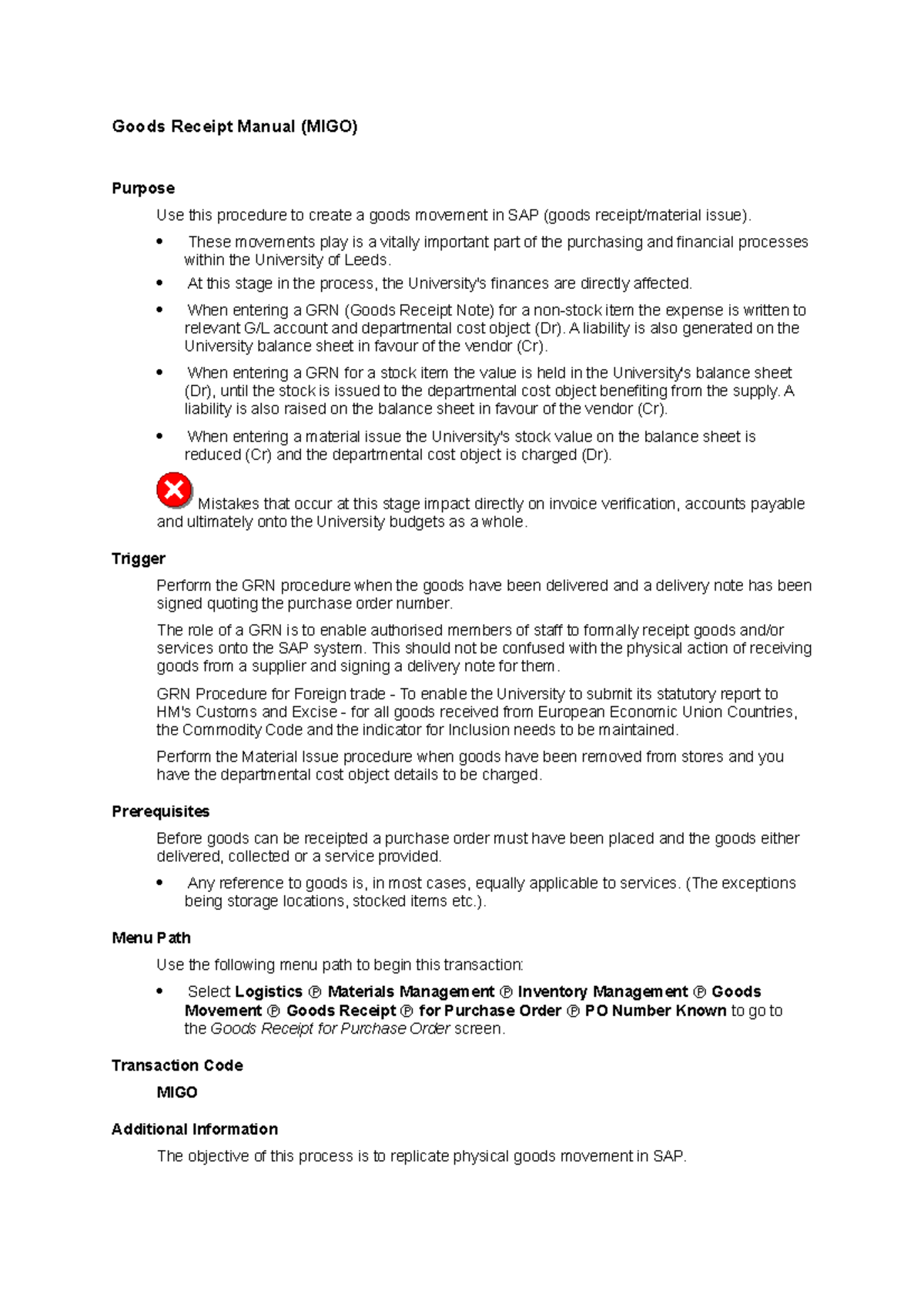 Goods Receipt Manual - SCM - Goods Receipt Manual (MIGO) Purpose Use ...
