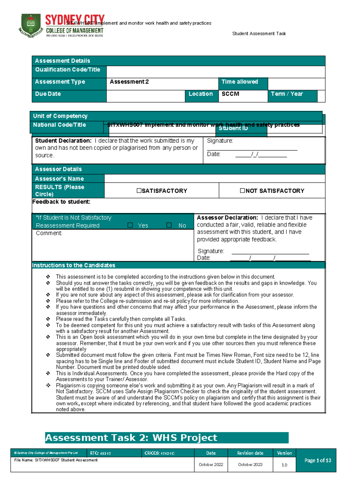 602760968 Sitxwhs 007 Student Assessment Task 2 - Student Assessment ...