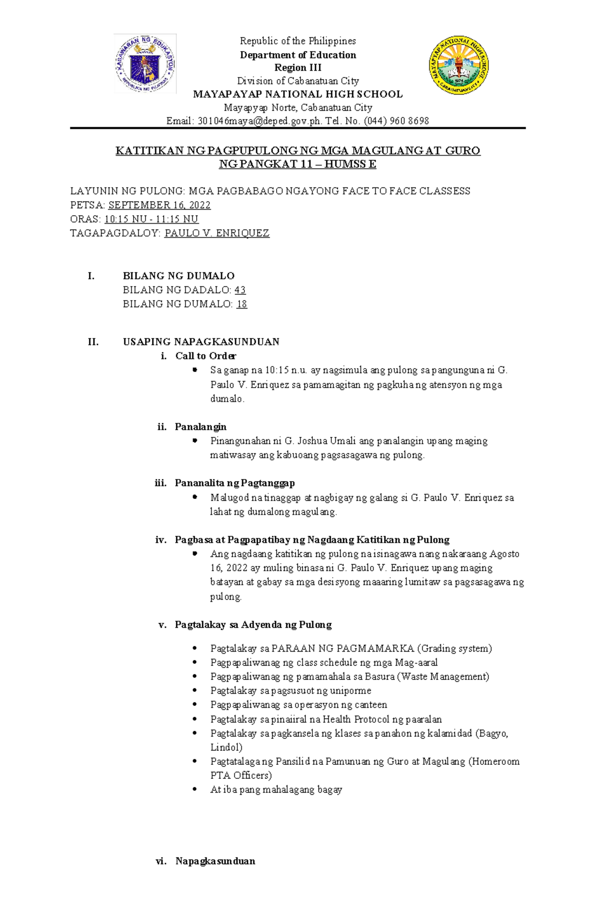 Katitikan ng Pulong Halimbawa - Republic of the Philippines Department ...
