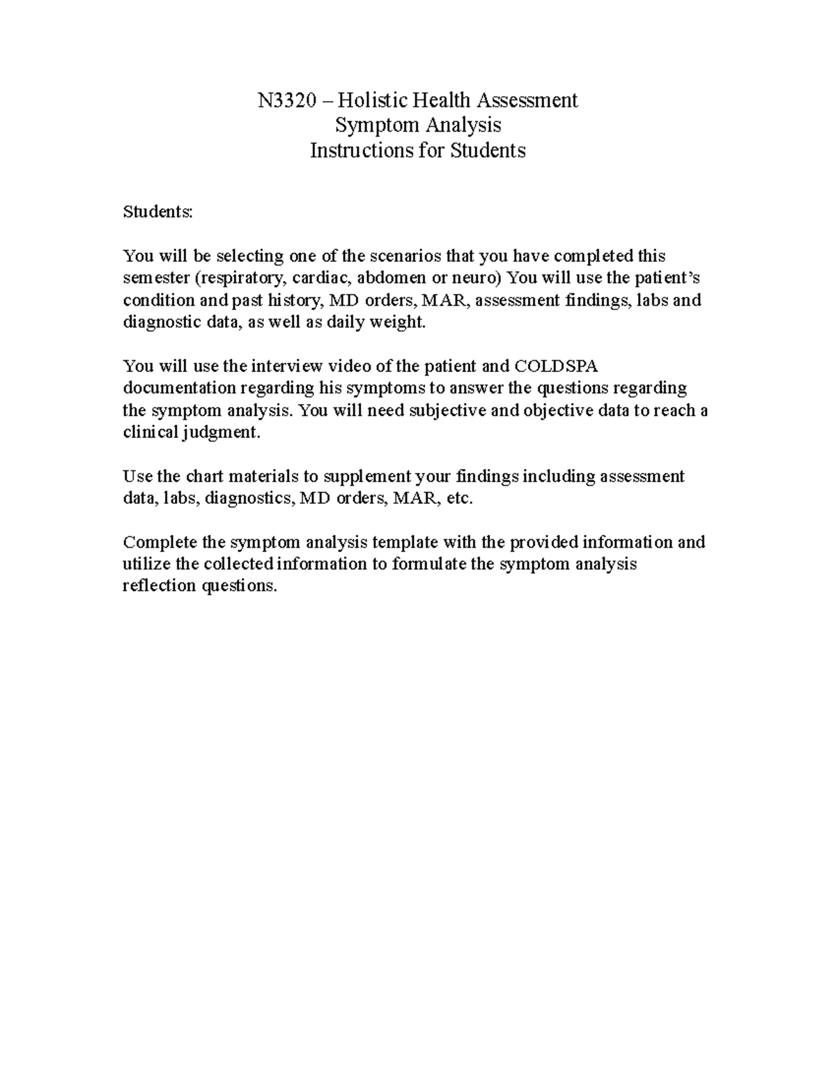 Symptom Analysis Form - For health assessment nursing - N3320 ...