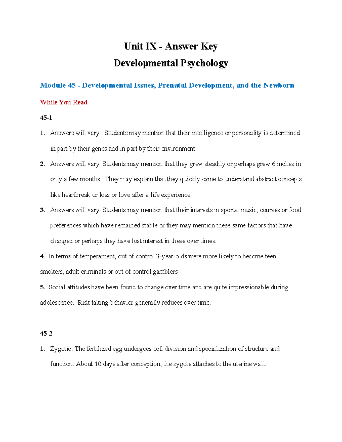 Unit IX - Answer Key - Unit IX - Answer Key Developmental Psychology ...