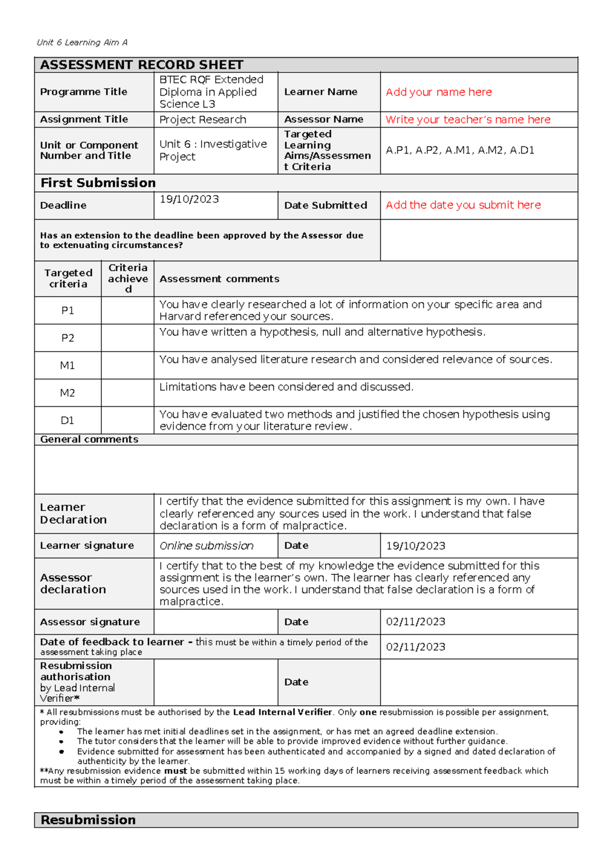 Assessment Record Sheet UNIT 6A 23 24 - Unit 6 Learning Aim A ...