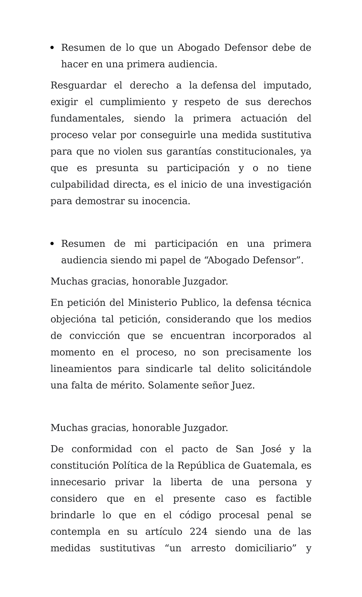 Resumen primera audiencia papel de Abogado Defensor - Resumen de lo que ...