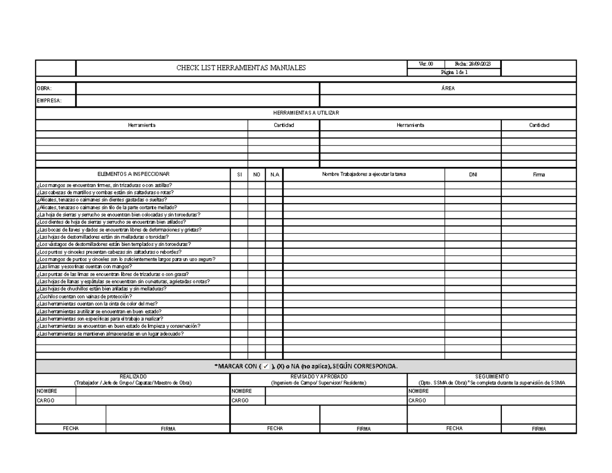 38. Check List Herramientas Manuales Ver.00 1 - Ver. 00 Fecha: 28/09/ OBRA: EMPRESA: Cantidad SI ...