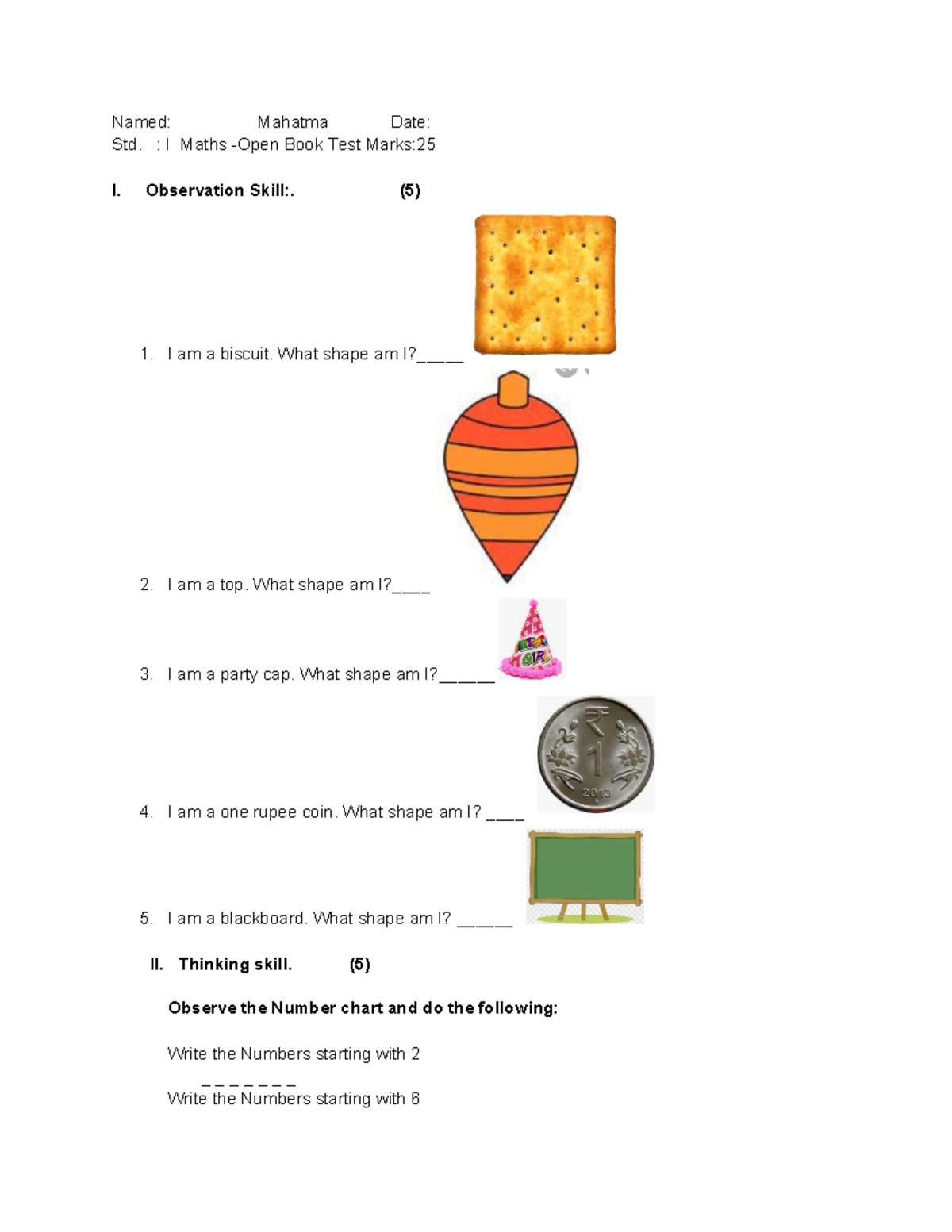 Std 1 Maths Open Book Test - Named: Mahatma Date: Std. : I Maths -Open ...