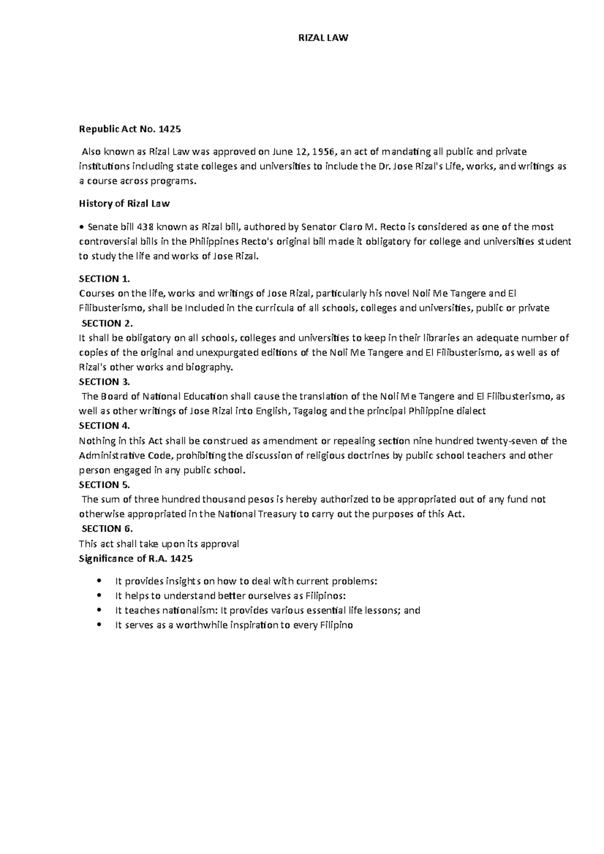 Rizal - Summary - RIZAL LAW Republic Act No. 1425 Also known as Rizal ...