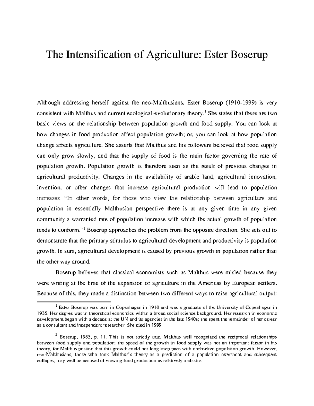 Boserup - Notes - The Intensification of Agriculture: Ester Boserup ...