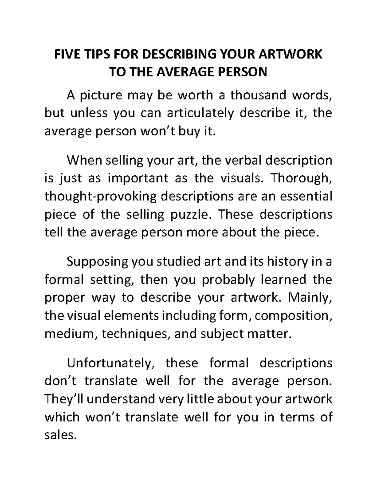 FIVE TIPS FOR Describing YOUR Artwork TO THE Average Person - FIVE TIPS ...