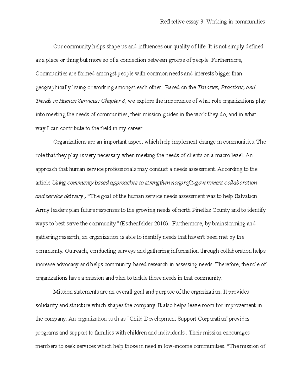 Community Needs Essay 3 - Reflective essay 3: Working in communities ...