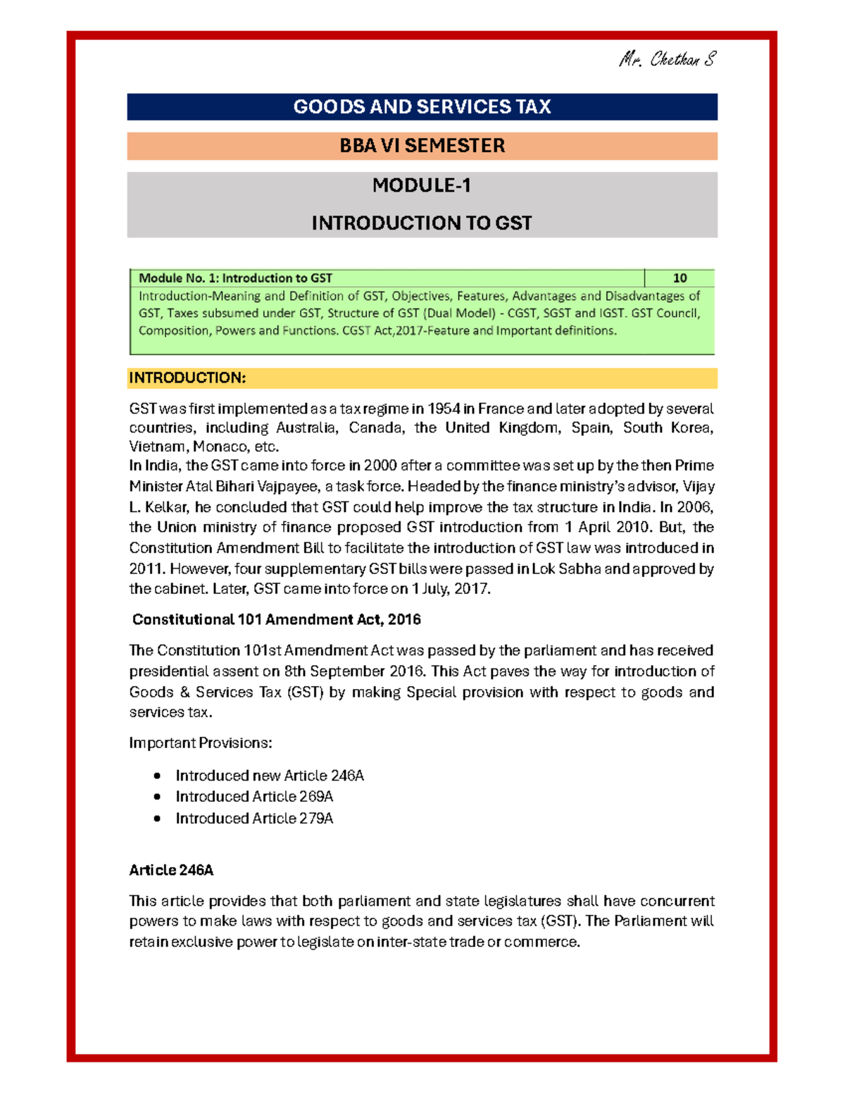 GST Unit-1 Notes - GOODS AND SERVICES TAX BBA VI SEMESTER MODULE ...