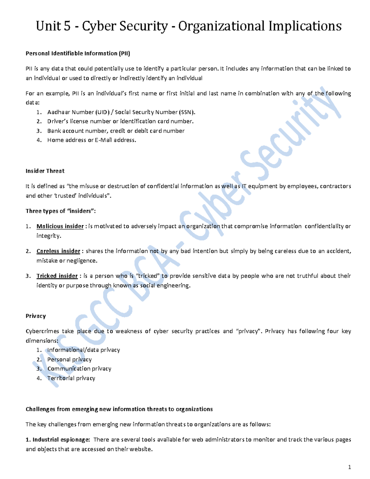 Cys Notes Unit5 - ntg - Unit 5 - Cyber Security - Organizational ...